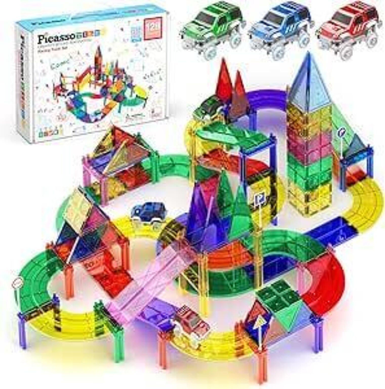 PicassoTiles 128 Piece Race Car Track Magnetic Tile Set $124.99 ...