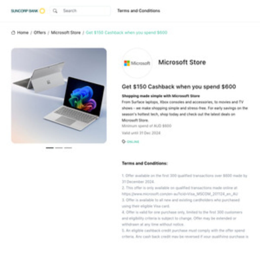[Feel Good Rewards] Microsoft $150 Cashback When You Spend $600 @ Suncorp – Dollaroo